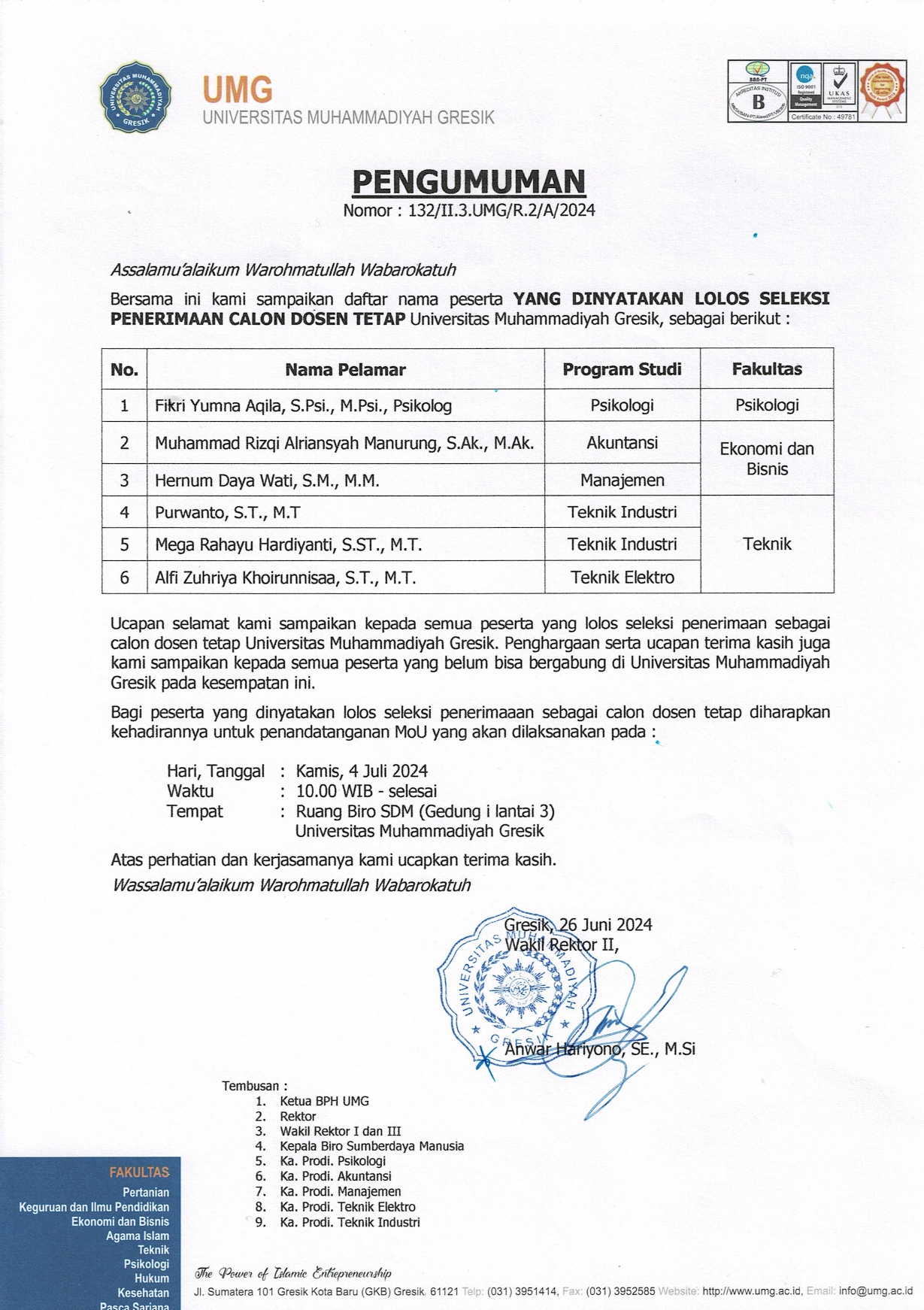 Pengumuman Lolos Penerimaan Dosen Tetap Pengumuman Lolos Penerimaan Dosen Tetap